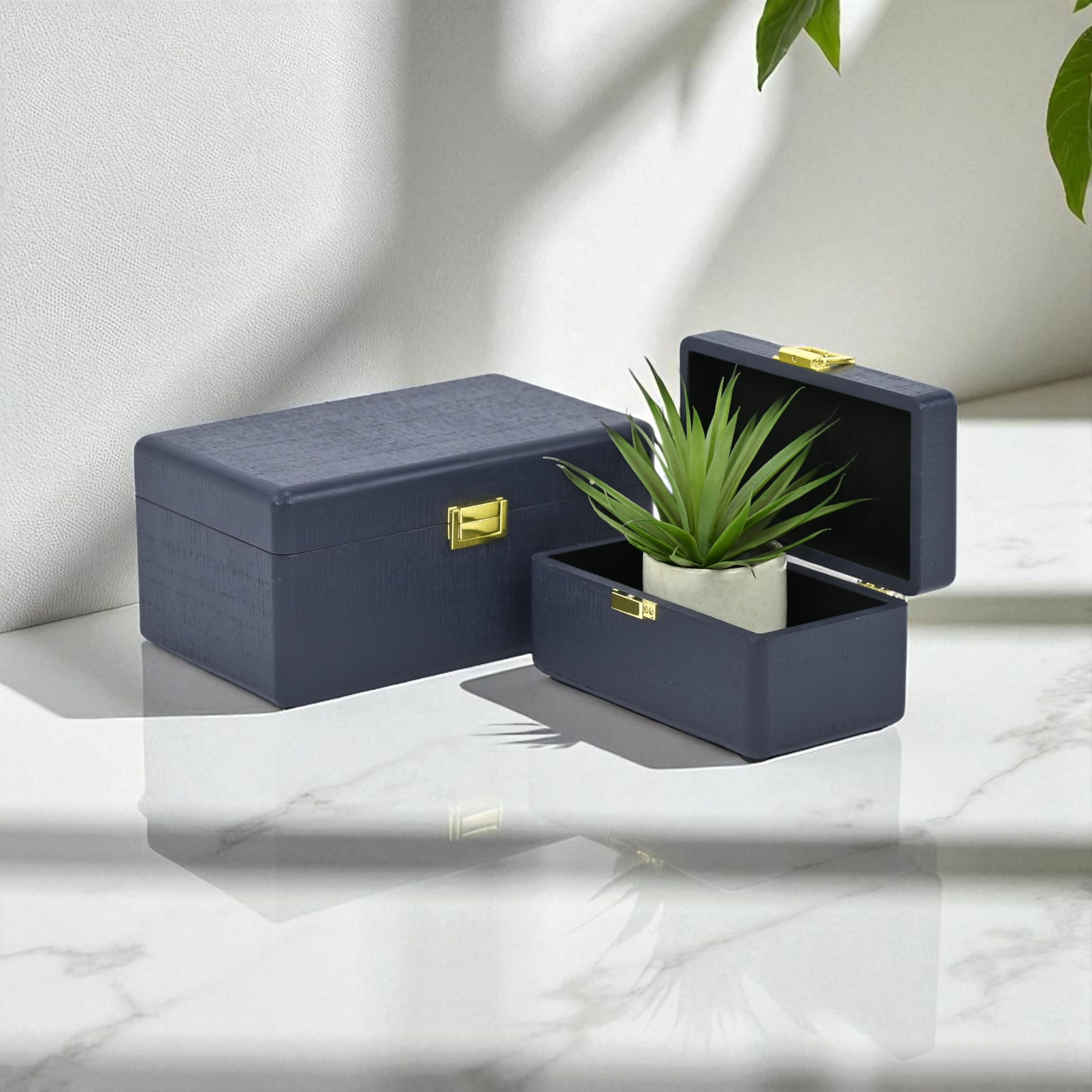 Sable Set of 2 Navy Blue Rectangle Wood Storage Boxes with Gold Handle ...